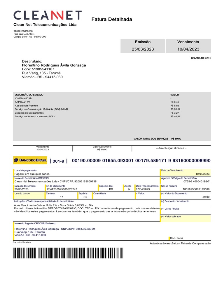 Fatura Detalhada Fatura Detalhada: Clean Net Telecomunicações Ltda ...