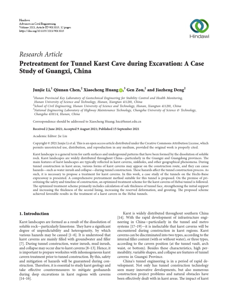 Research Article: Pretreatment For Tunnel Karst Cave During Excavation: A Case Study of Guangxi ...