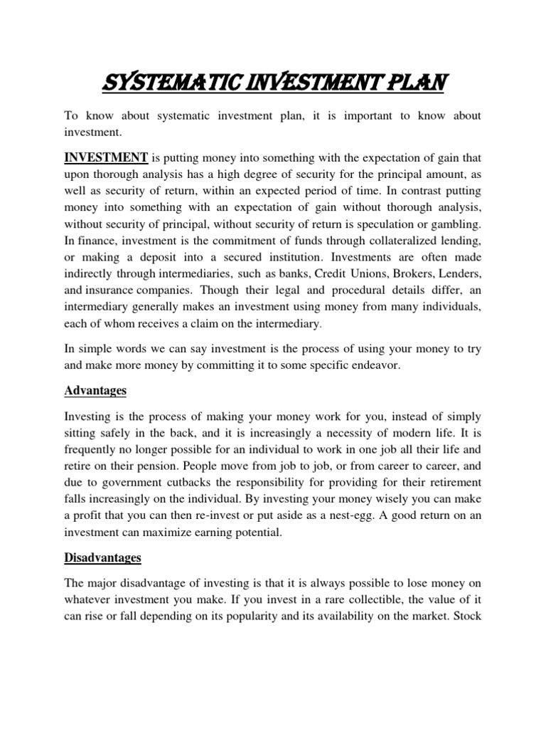 Systematic Investment Plan | PDF | Mutual Funds | Investor