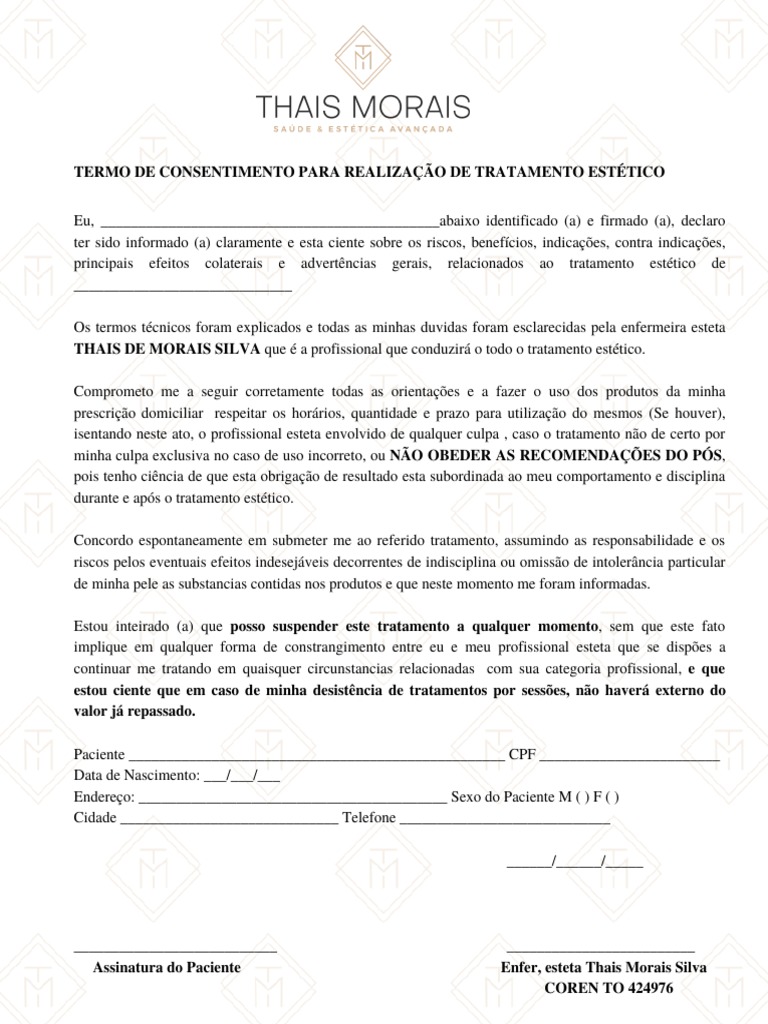 Termo De Consentimento Para Realização De Tratamento Estético Pdf 3352
