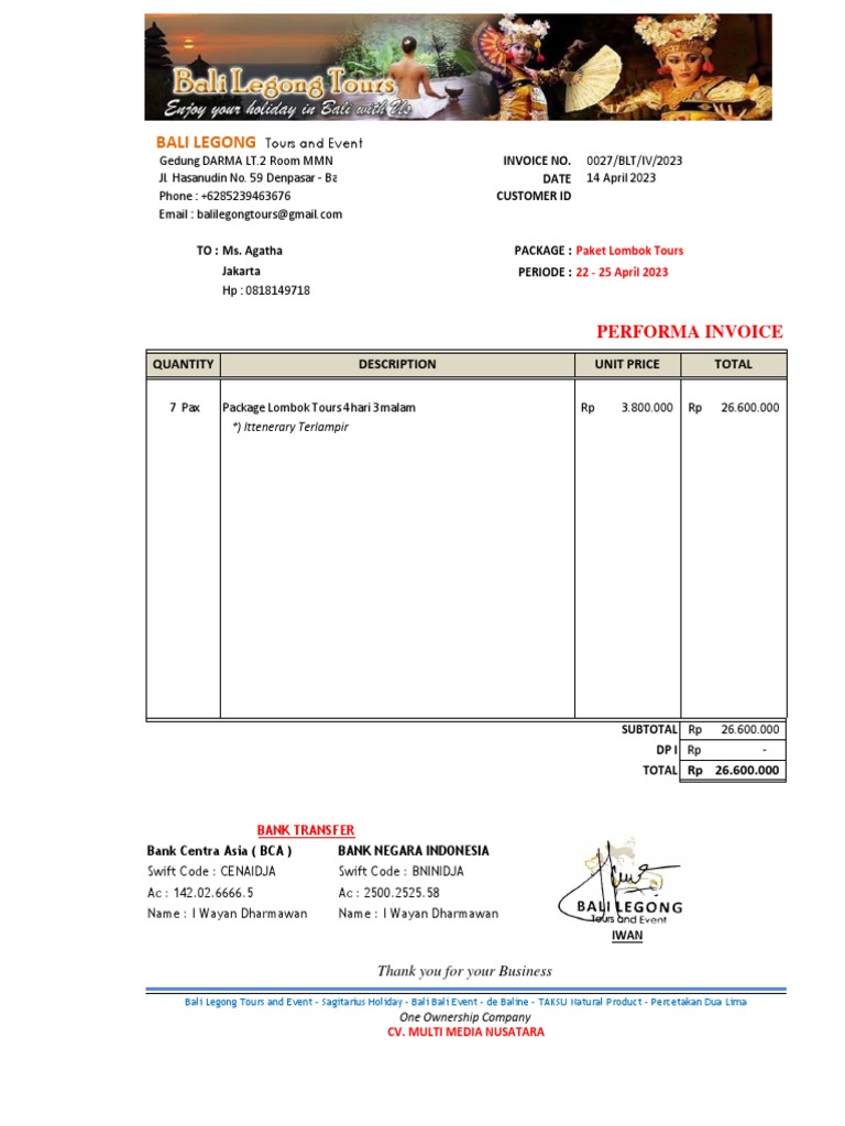 #2 Performa Invoice Ms. Agatha Paket Lombok Tour 4hari 3malam | PDF