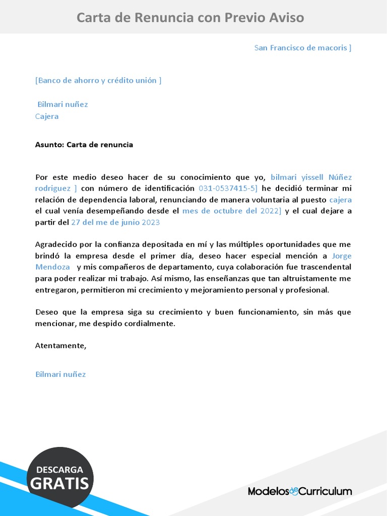 Copia de 29 Modelo de Carta de Renuncia Con Preaviso | PDF