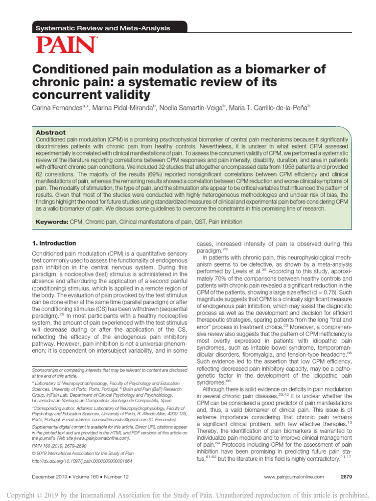 Conditioned Pain Modulation As A Biomarker of Chronic Pain - A ...