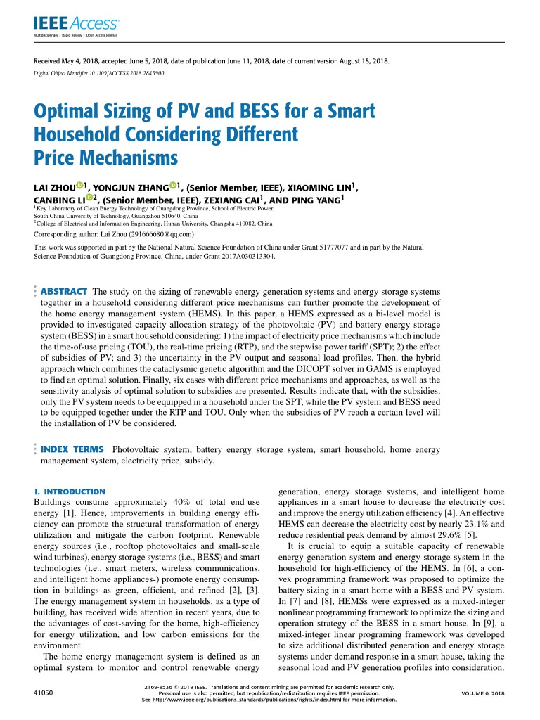 IEEE Optimal Sizing of PV and BESS For A Smart Household | PDF ...