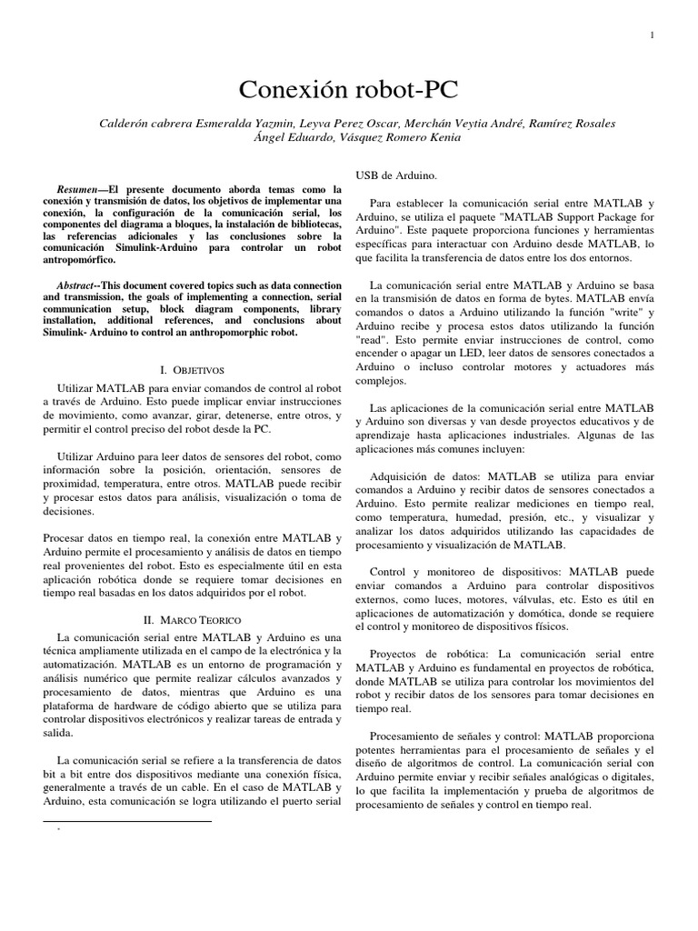 Comunicacion Robot - PC | PDF | Matlab | Arduino