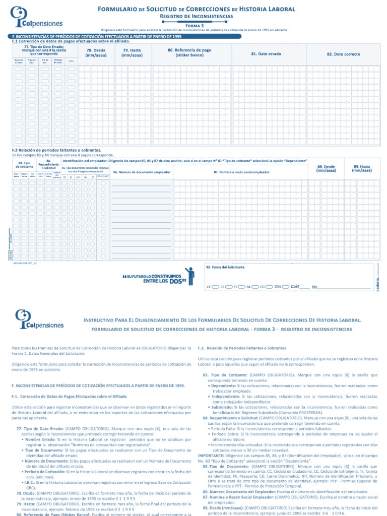 Formulario Solicitud de Correcciones de Historia Laboral Forma 3 | PDF