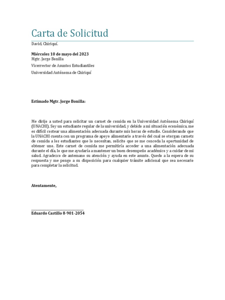 Carta de Solicitud Comida | PDF