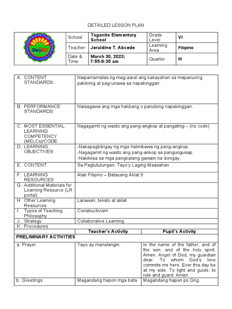Detailed-Lesson-Plan - FILIPINO 3Q | PDF