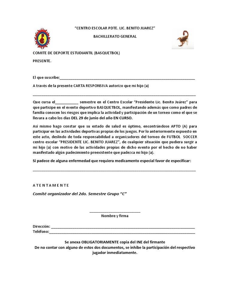 Carta Responsiva de Basquetbol | PDF