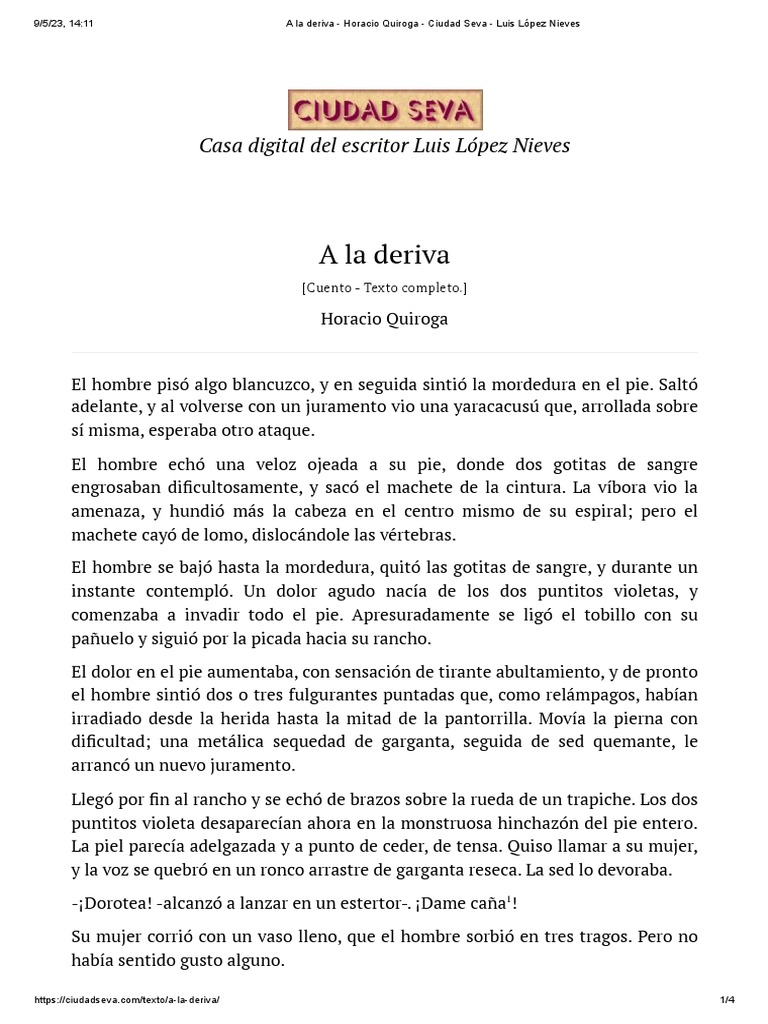 A La Deriva - Horacio Quiroga - Ciudad Seva - Luis López Nieves | PDF