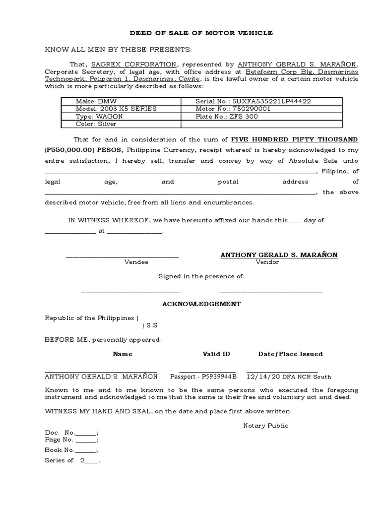 Deed of Sale Format | PDF | Civil Law (Common Law) | Common Law
