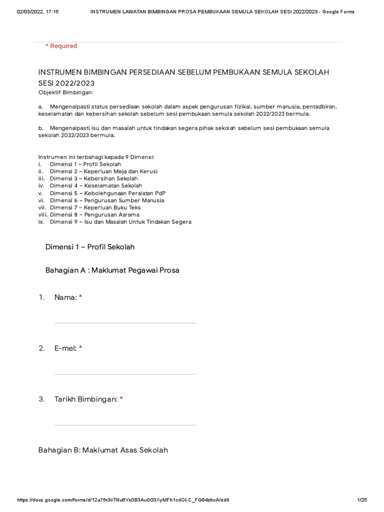 DIMENSI PEMBUKAAN SEMULA SEKOLAH SESI 2022 2023 Google Forms | PDF