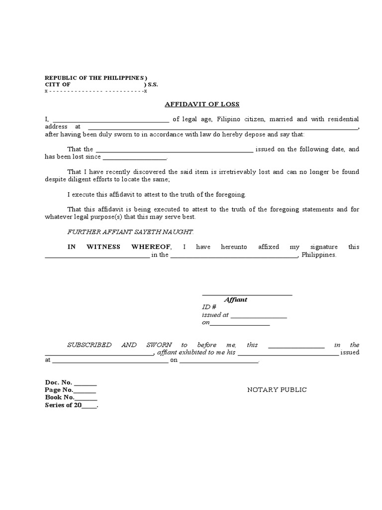 AFFIDAVIT OF LOSS - Generic | PDF