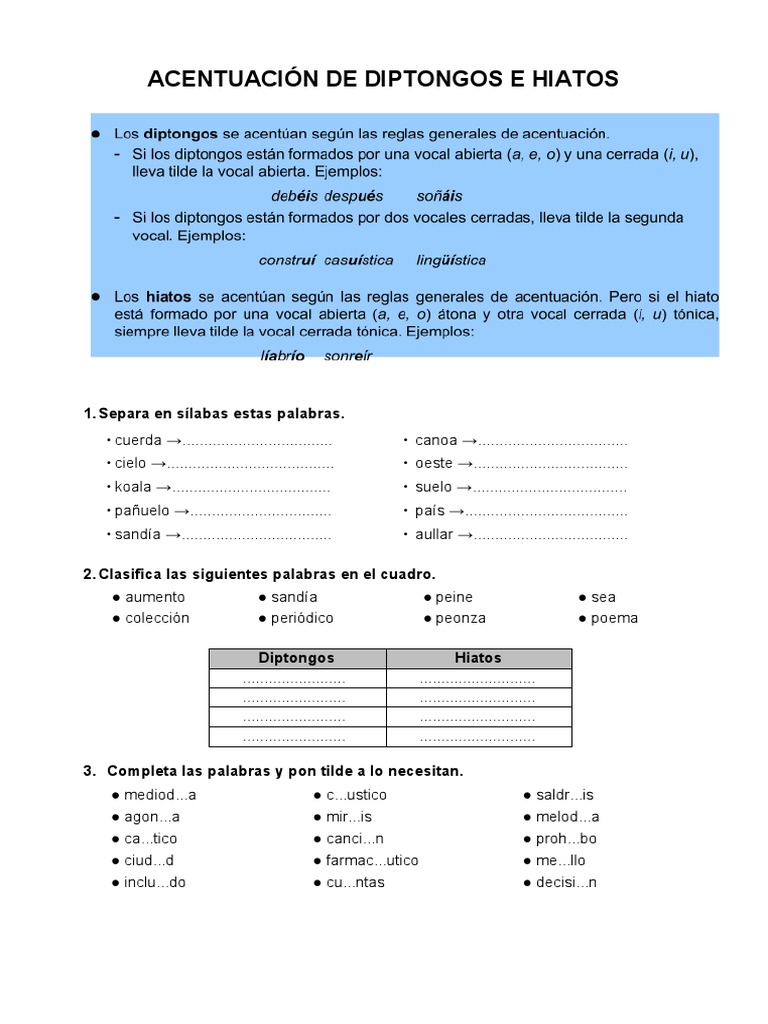 ACENTUACIÓN DE DIPTONGOS E HIATOS | PDF | Fonética | Lingüística