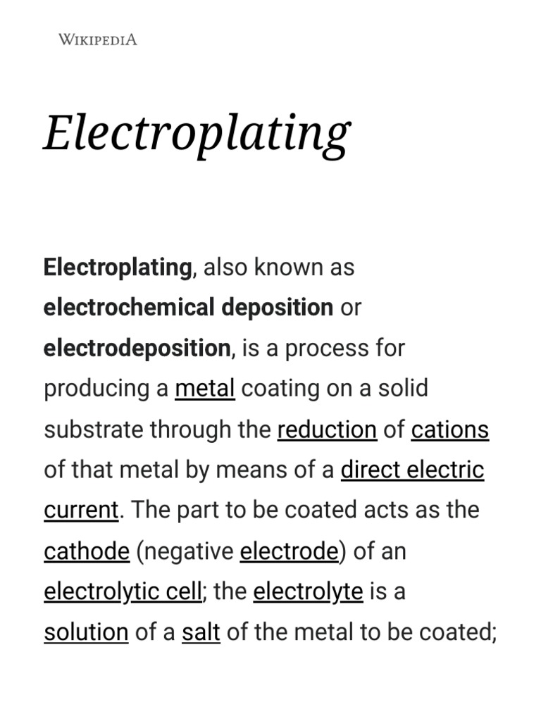 Electroplating Wikipedia PDF Secondary Sector Of The Economy Chemistry