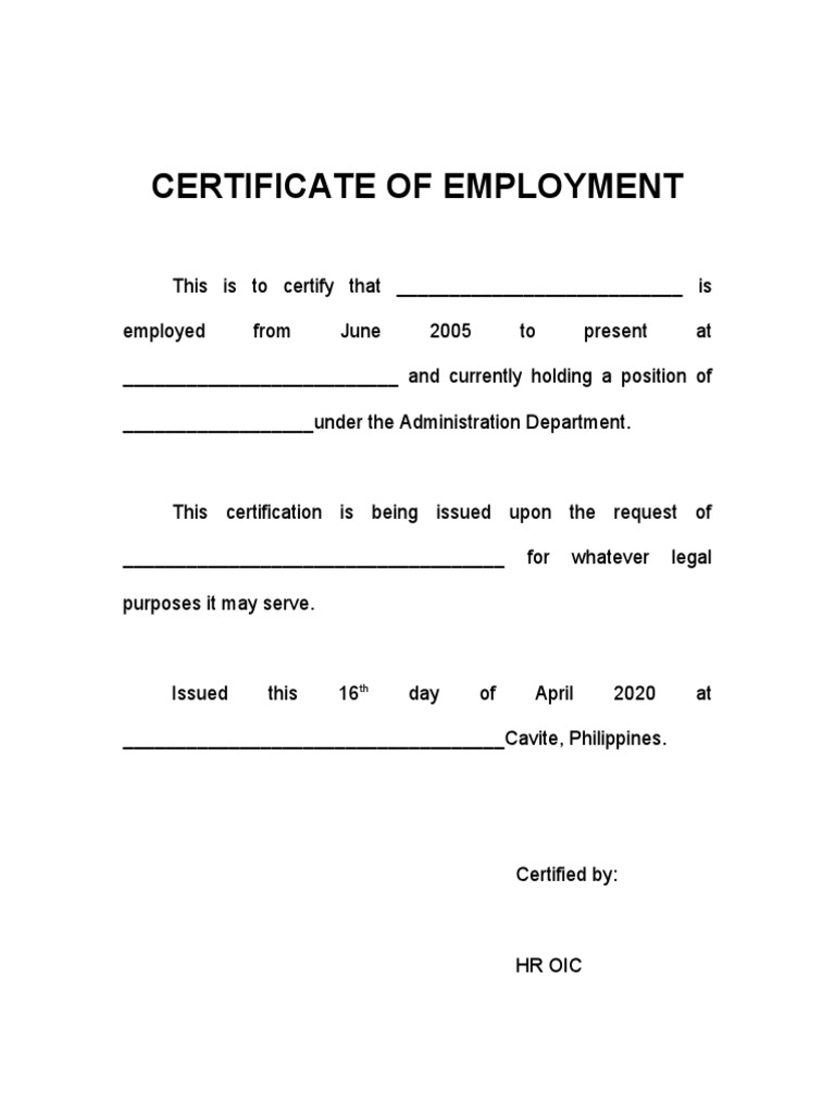 Certificate of Employment Format | PDF