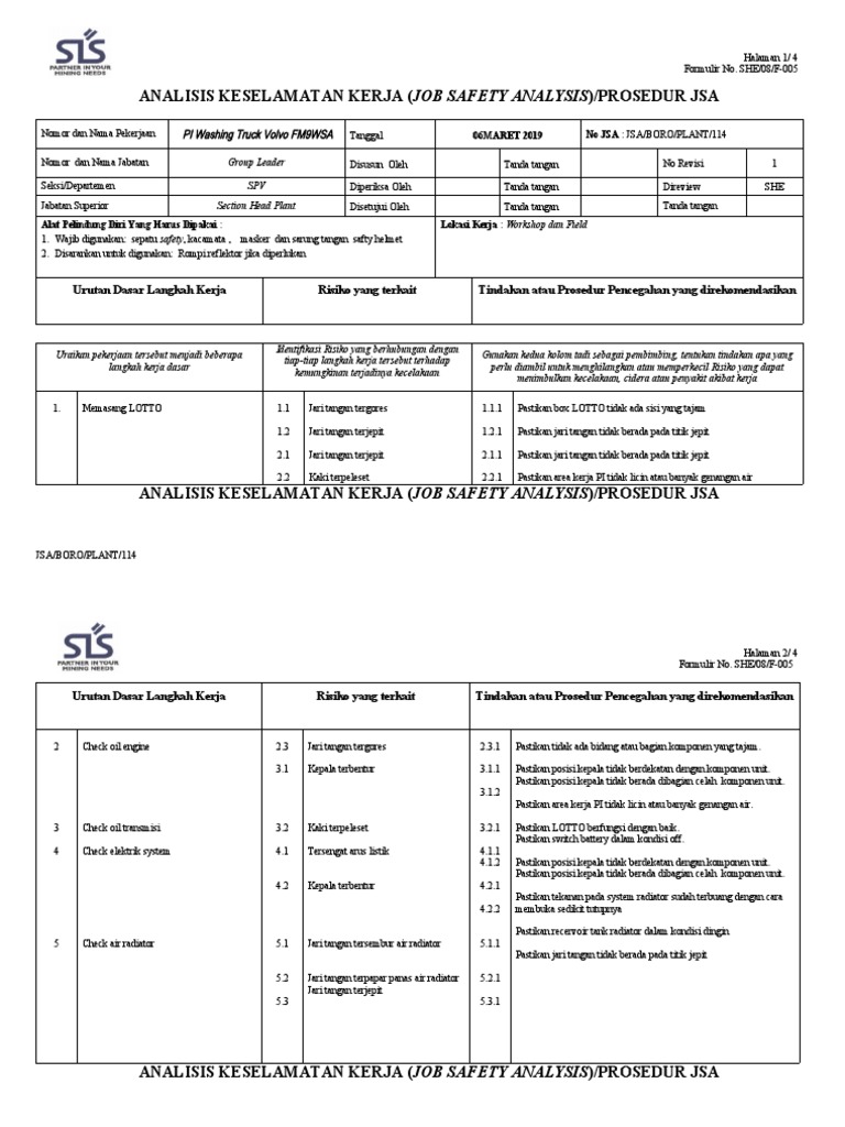 JSA Periodic Inspection Washing Truck Volvo FM9WSA | PDF