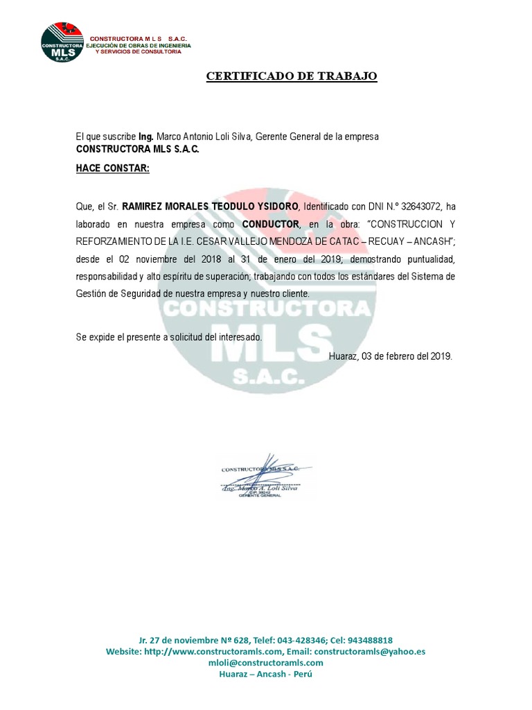Certificado de Trabajo: Constructora Mls S.A.C. Hace Constar | PDF
