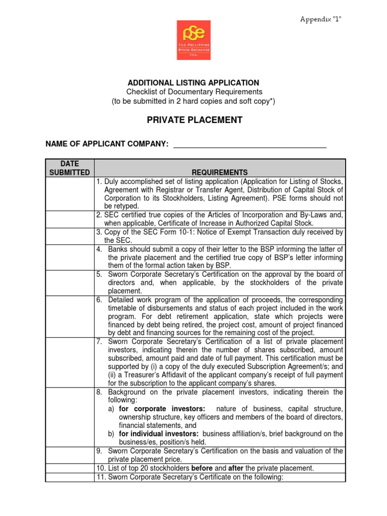 1.8 PSE Listing Application (Checklist) - Private Placement | PDF | Shareholders | Dividend
