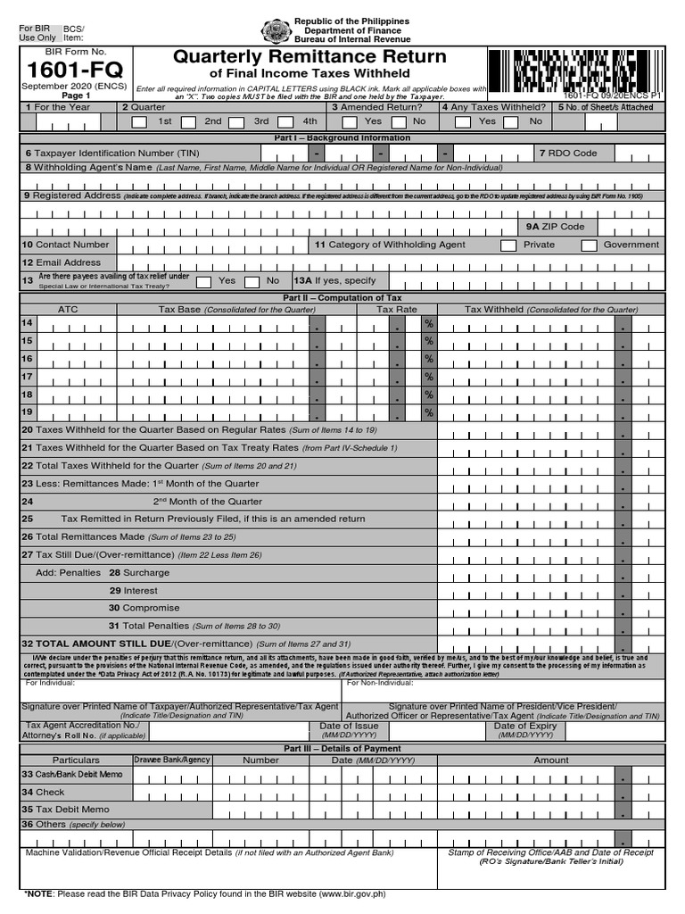 BIR Form 1601-FQ 2020 Final | PDF | Taxes | Internal Revenue Service