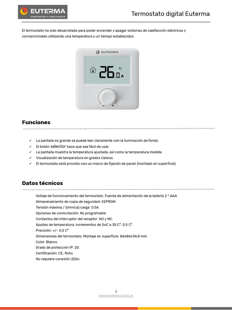 Manual Termostato Digital Euterma 2020 ht18 | PDF | Termostato | Bienes ...