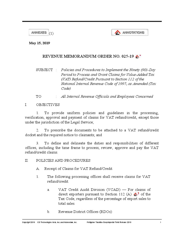 RMO No. 25-2019 (VAT Refund Procedures) | PDF | Value Added Tax | Tax ...