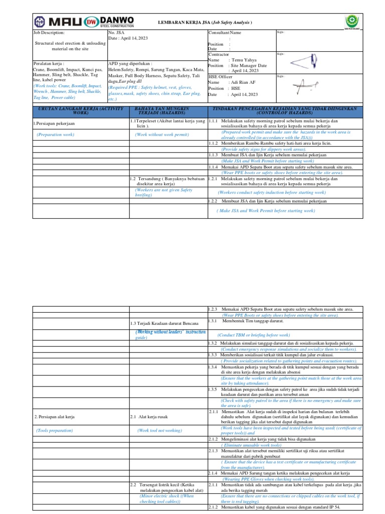 JSA - Structural Steel Erection & Unloading Material On The Site - R3 FIXED | Download Free PDF ...