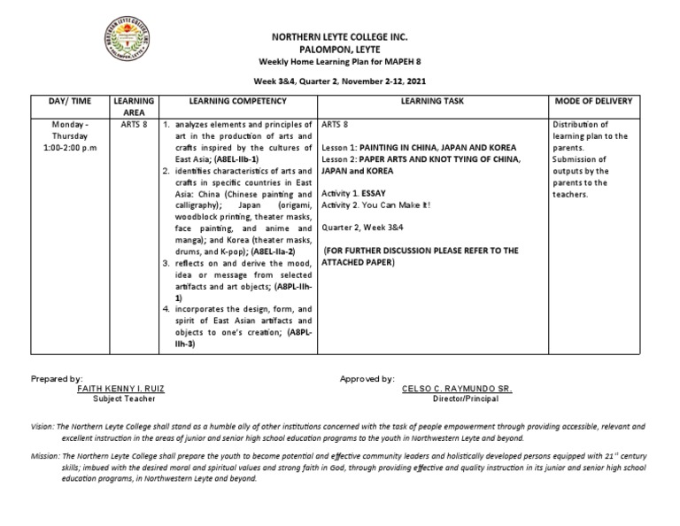 Learning Plan Arts2 G8 Week 3-4 | PDF