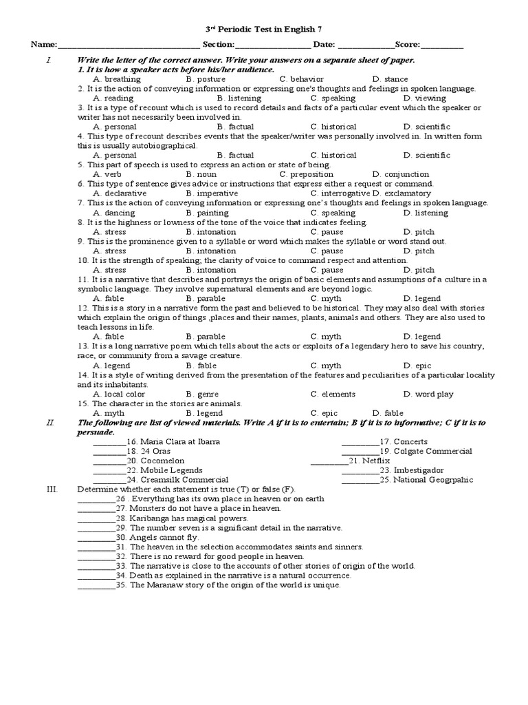 3rd Periodic Test in English 7 | Download Free PDF | Legends | English ...