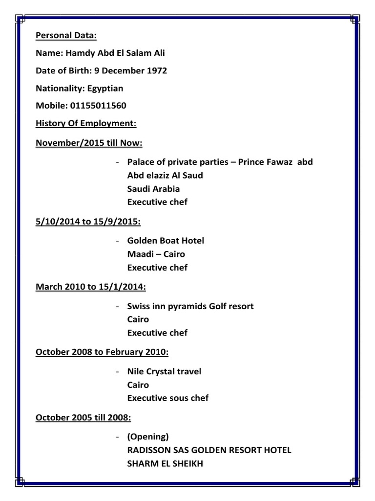 CV. Hamdy Abd El Salam Ali | PDF | Menu | Chef