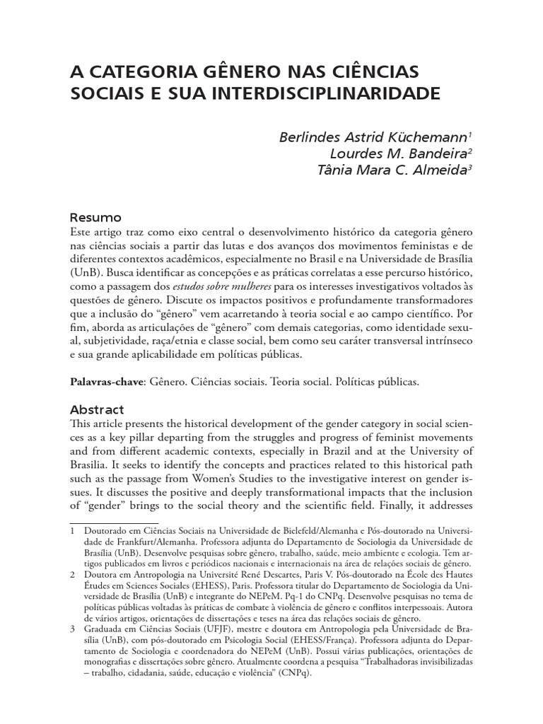 A Categoria Gênero Nas Ciências Sociais e Sua Interdisciplinaridade ...