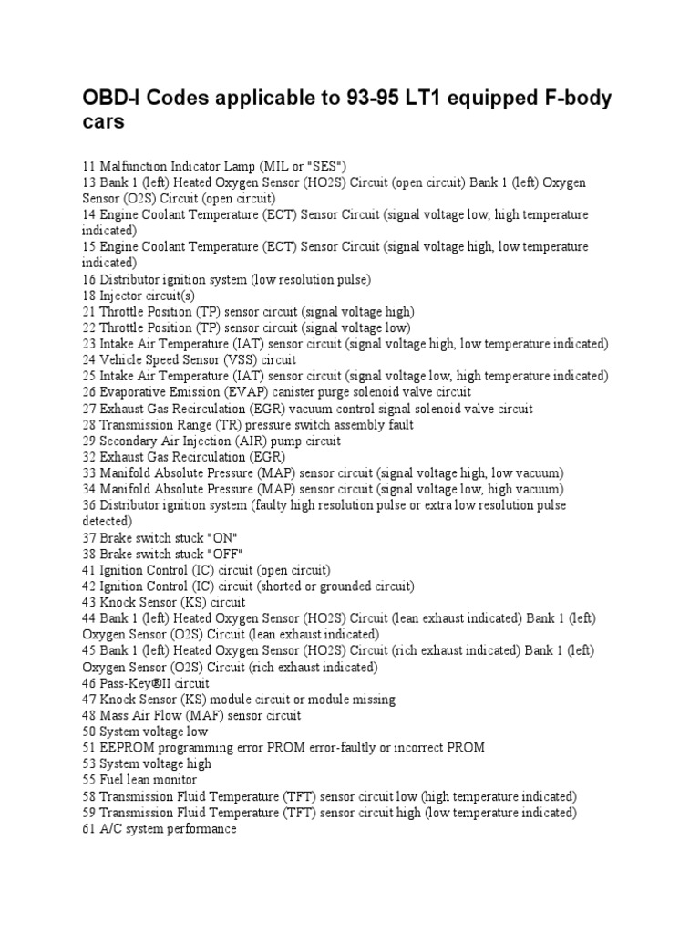 Buick OBD-I Codes Applicable To 93-95 LT1 Equipped Cars | PDF ...