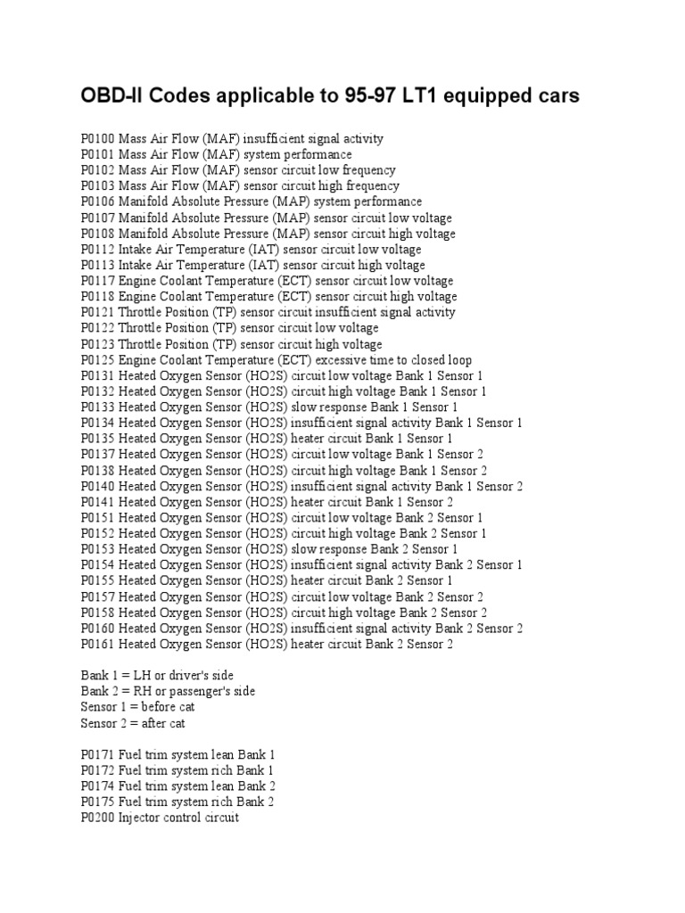 Buick OBD-II Codes Applicable To 95-97 LT1 Equipped Cars | PDF ...