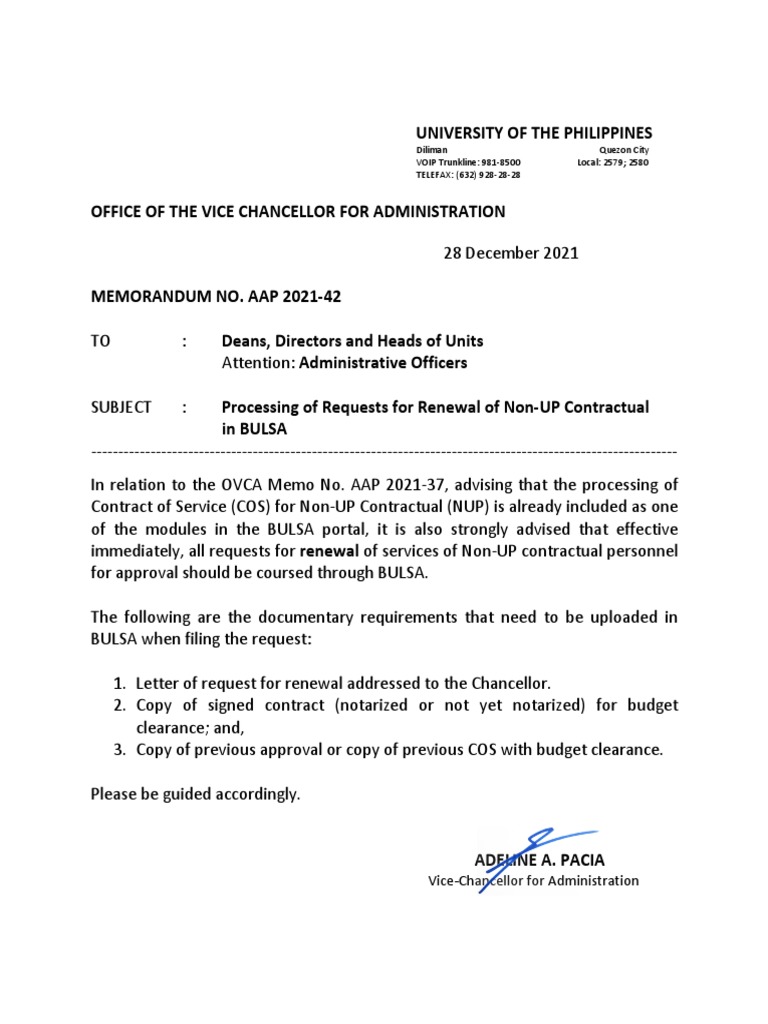 OVCA Memo AAP 2021 42 Processing of Requests For Renewal of NUP in ...