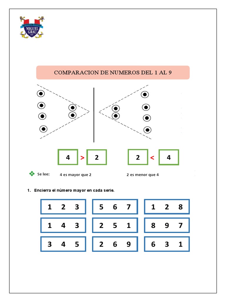 Ficha - Comparacion de Numeros Del 1 Al 9 - Matematicas | PDF