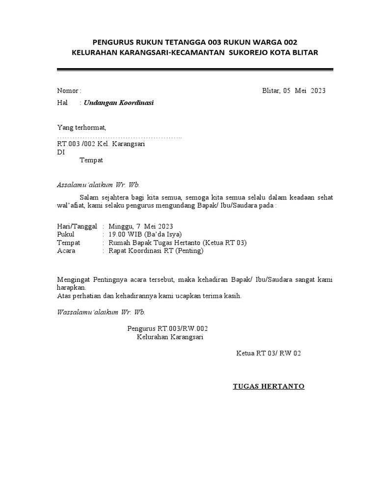 Surat Undangan Rapat RT Fornat Word | PDF