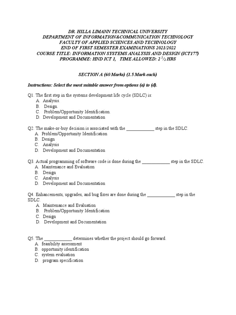 Informaton Systems Analysis And Design End Of First Sem Exams 2021