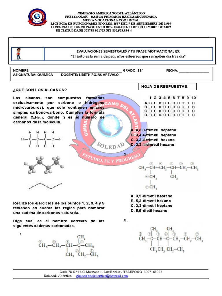 Evaluación de Química Grado 11 - 2023 | PDF | Hidrocarburos | Alcano