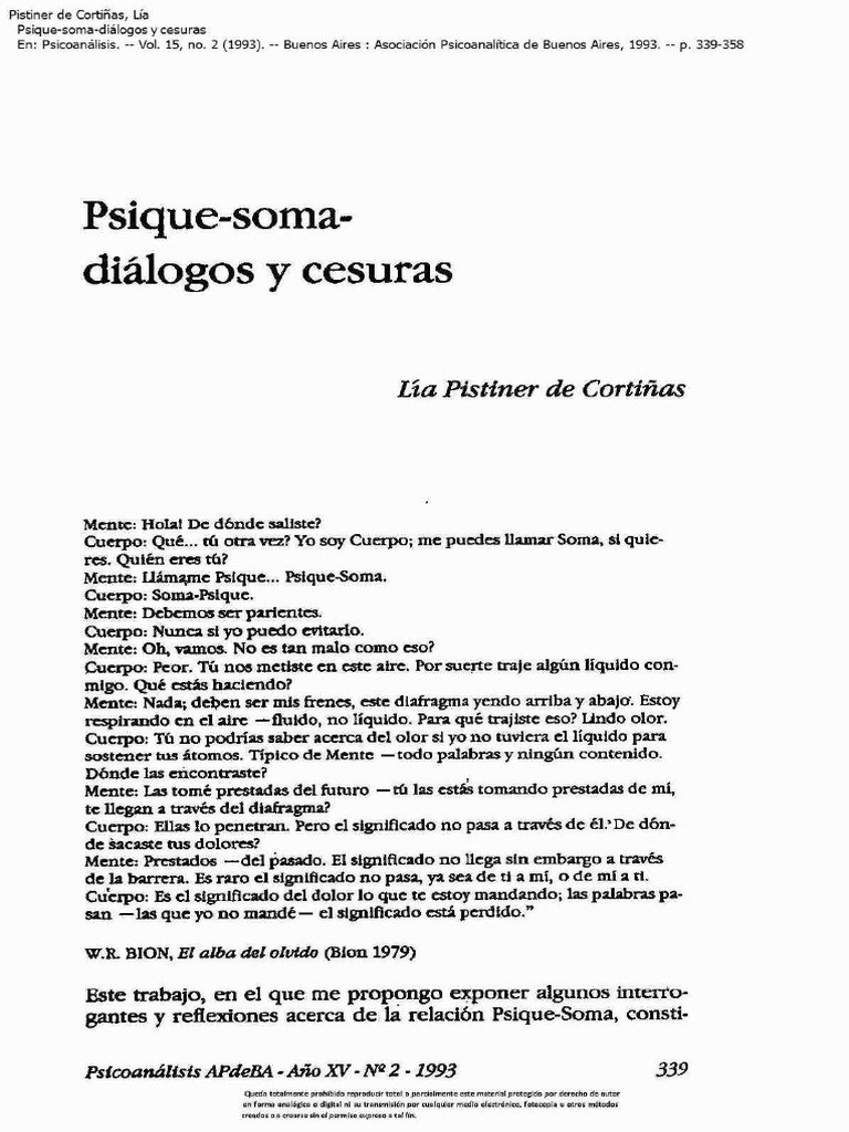 Pistiner de Cortiñas, L. 1993 Psique-Soma-Diálogos y Cesuras | PDF