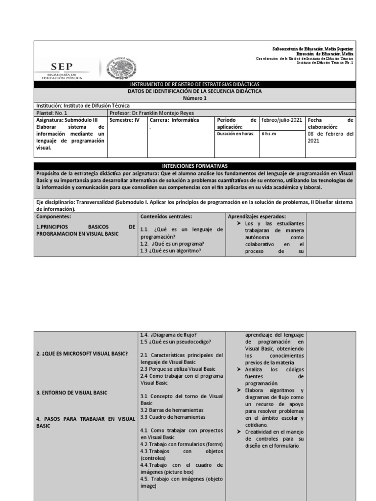 Planeación Sub 3 4to Sem | PDF | Algoritmos | Evaluación