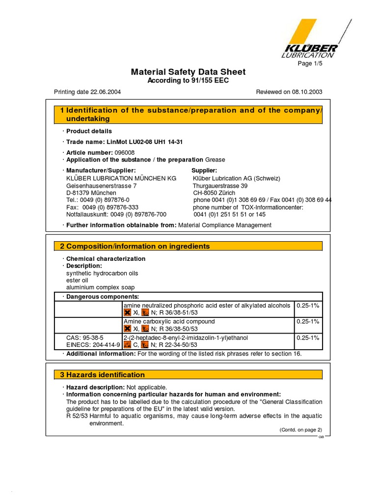 Klüber UH1 14-31 Safety Data Sheet | PDF | Waste | Firefighting