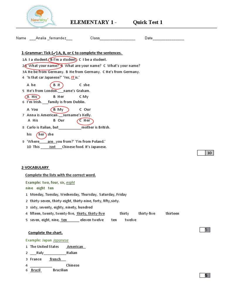 Elementary 1 - Quick Test 1: Grammar: Tick ( ) A, B, or C To Complete ...