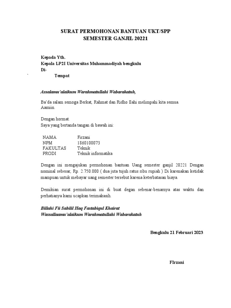 Surat Permohonan Bantuan Ukt | PDF