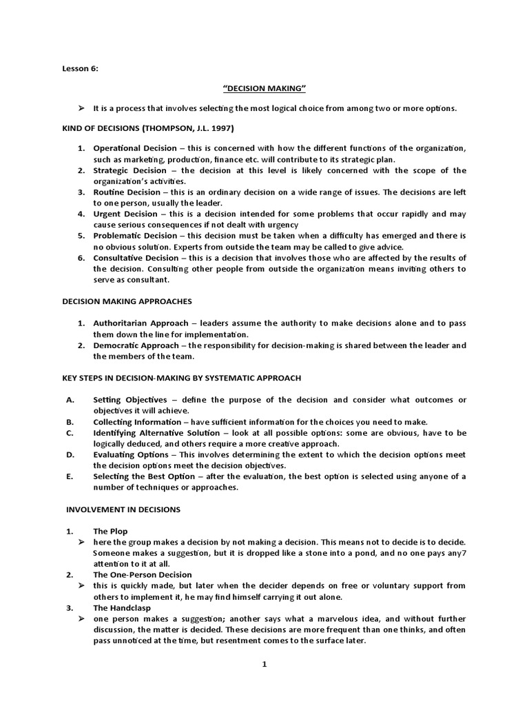 Lesson 6 Decision Making | PDF | Decision Making | Consensus Decision ...
