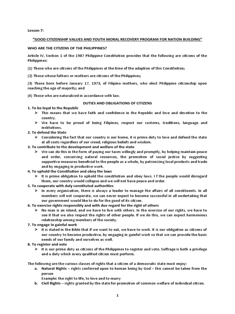 Lesson 7 Good Citizenship Values | PDF | Citizenship | Philippines