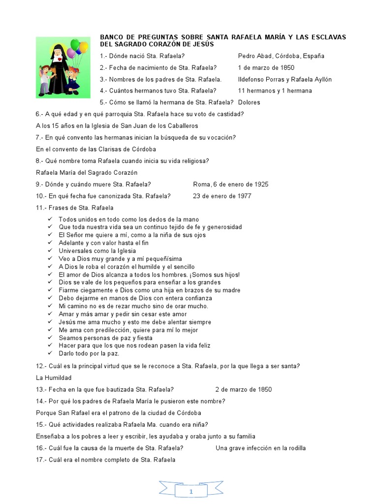 Banco de Preguntas Sobre Santa Rafaela María y Las Esclavas Del Sagrado ...
