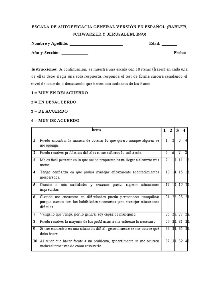 Escala de Autoeficacia General Versiòn en Español | PDF