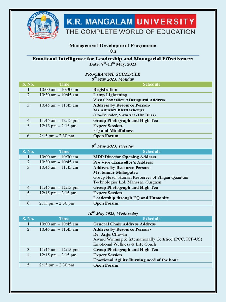 MDP Programme Schedule | PDF | Psychology | Leadership