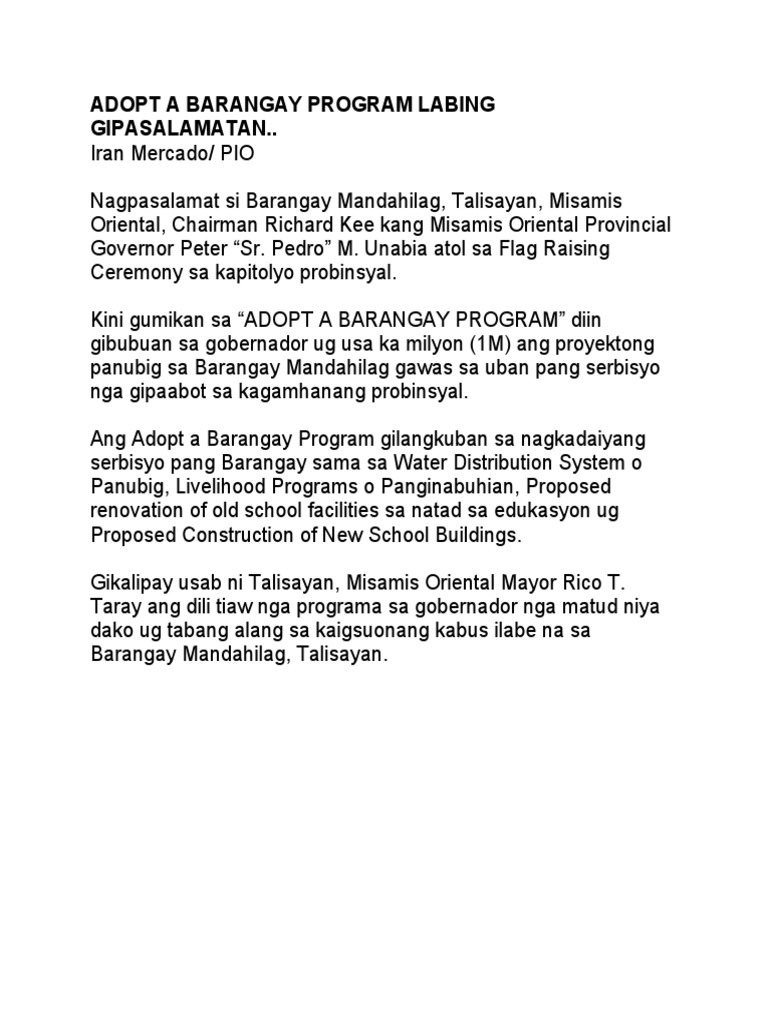 Adopt A Barangay Program Labing Gipasalamatan | PDF