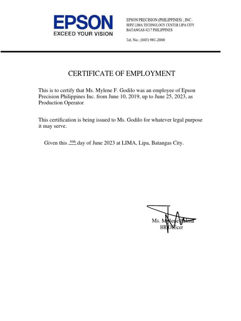 Epson Certificate of Employment Samples | PDF